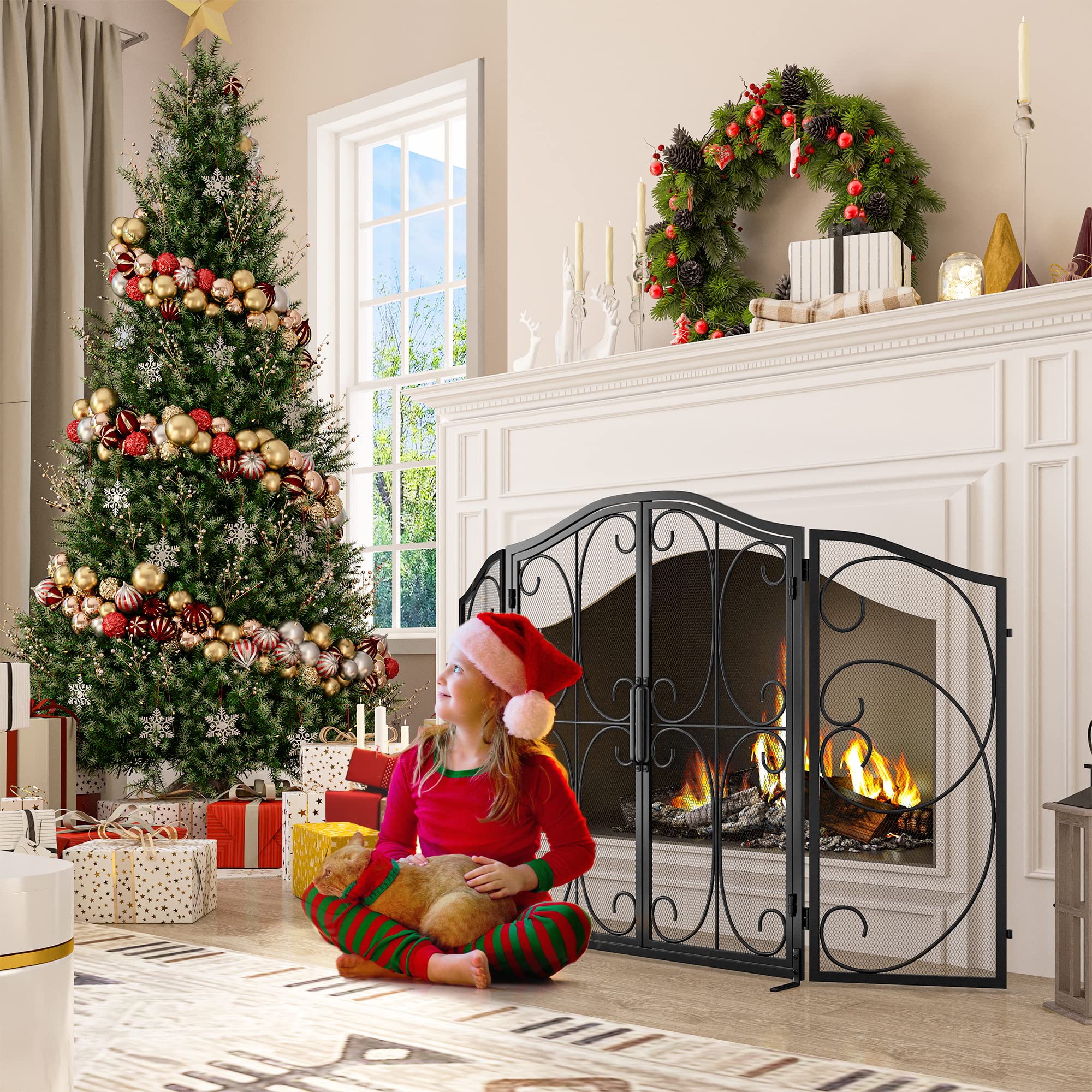 YITAHOME Fireplace Screen with Doors for Wood Burning Fireplace,43x33in Heavy Duty Wrought Iron Bronze Fireplace Screens Decorative Spark Guard Safety Protector Fireguard Panel for The Living Room