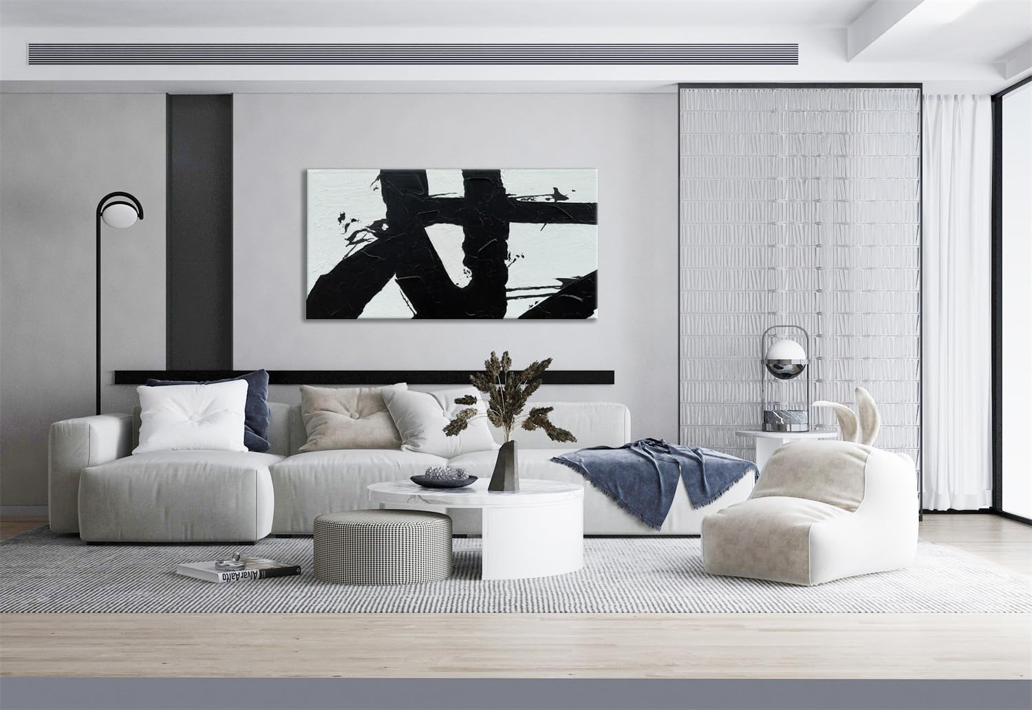 zoinart Large Canvas Wall Art, Black and White Abstract Wall Art 30x60 Inches Modern Canvas Paintings Minimalist Textured Wall Art Framed Artwork for Walls