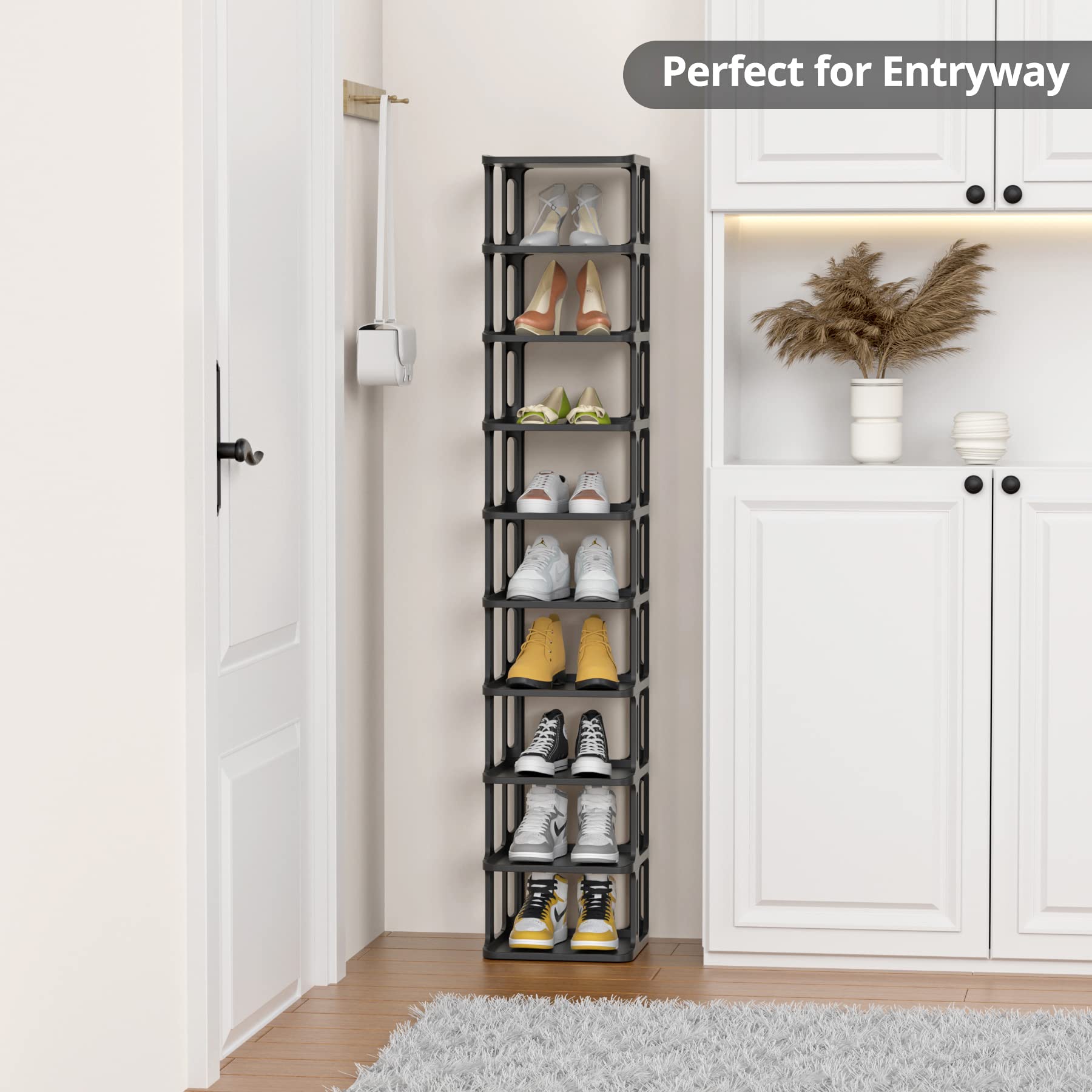 ZOINLIY 6 Tiers Shoe Rack for Closet Entryway, Narrow Vertical Shoe Organizer for Small Spaces, Black Stackable Shoe Cubby, Shoe Storage Tower, 10.55" D x 10.55" W x 31.49" H