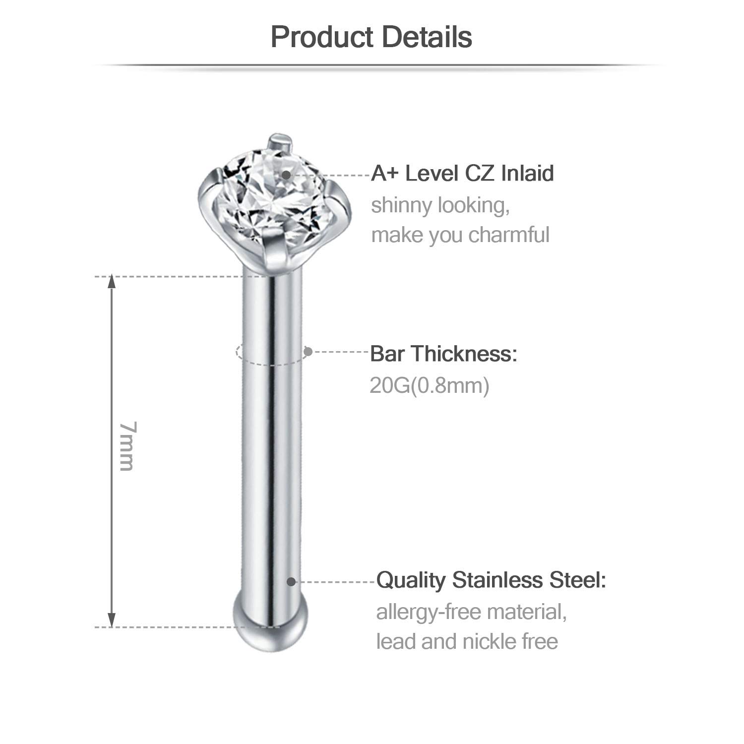 Zolure 20 Gauge Nose Stud Rings Surgical Steel Nose Pin Bone Studs Nose Piercing Jewellery Set Silver