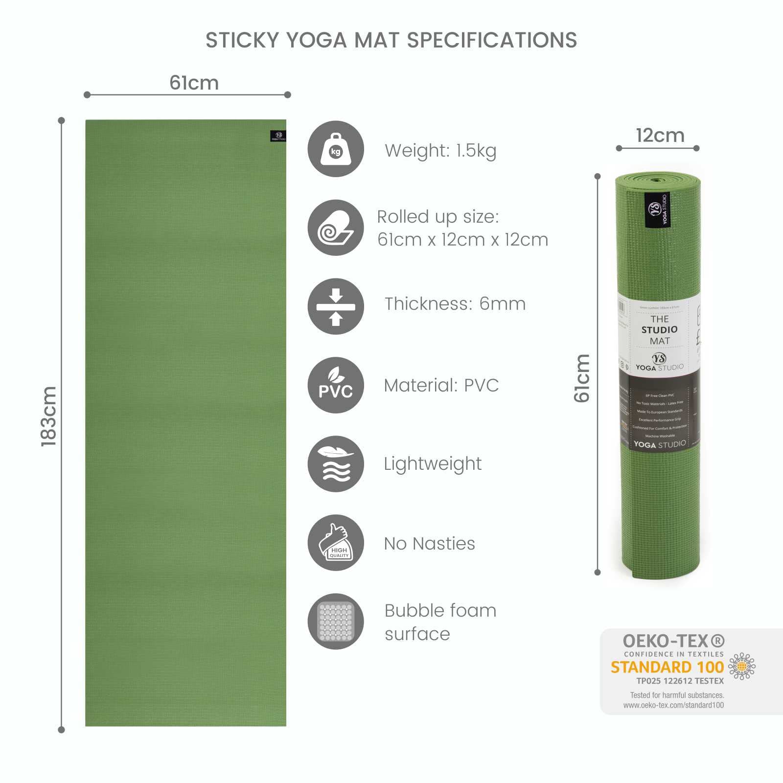 Yoga Studio Sticky Yoga Mat - 183cm x 61cm, 6mm Tear Proof Yoga Mat with Non-Slip Base (Green)