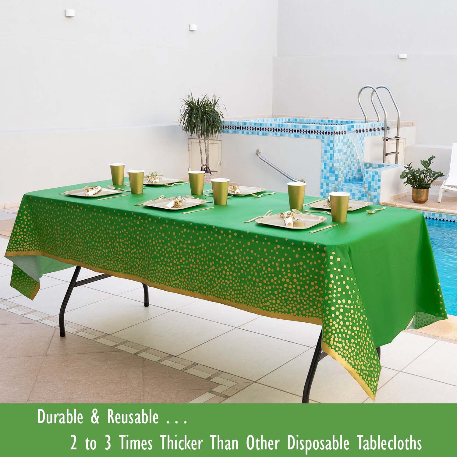 ZULADISE 2 Pack Green Plastic Tablecloth Green and Gold Table Cloths for Parties Disposable Table Cover Party Decorations for Birthday, Christmas (Premium Quality - 54 x 108 in.)