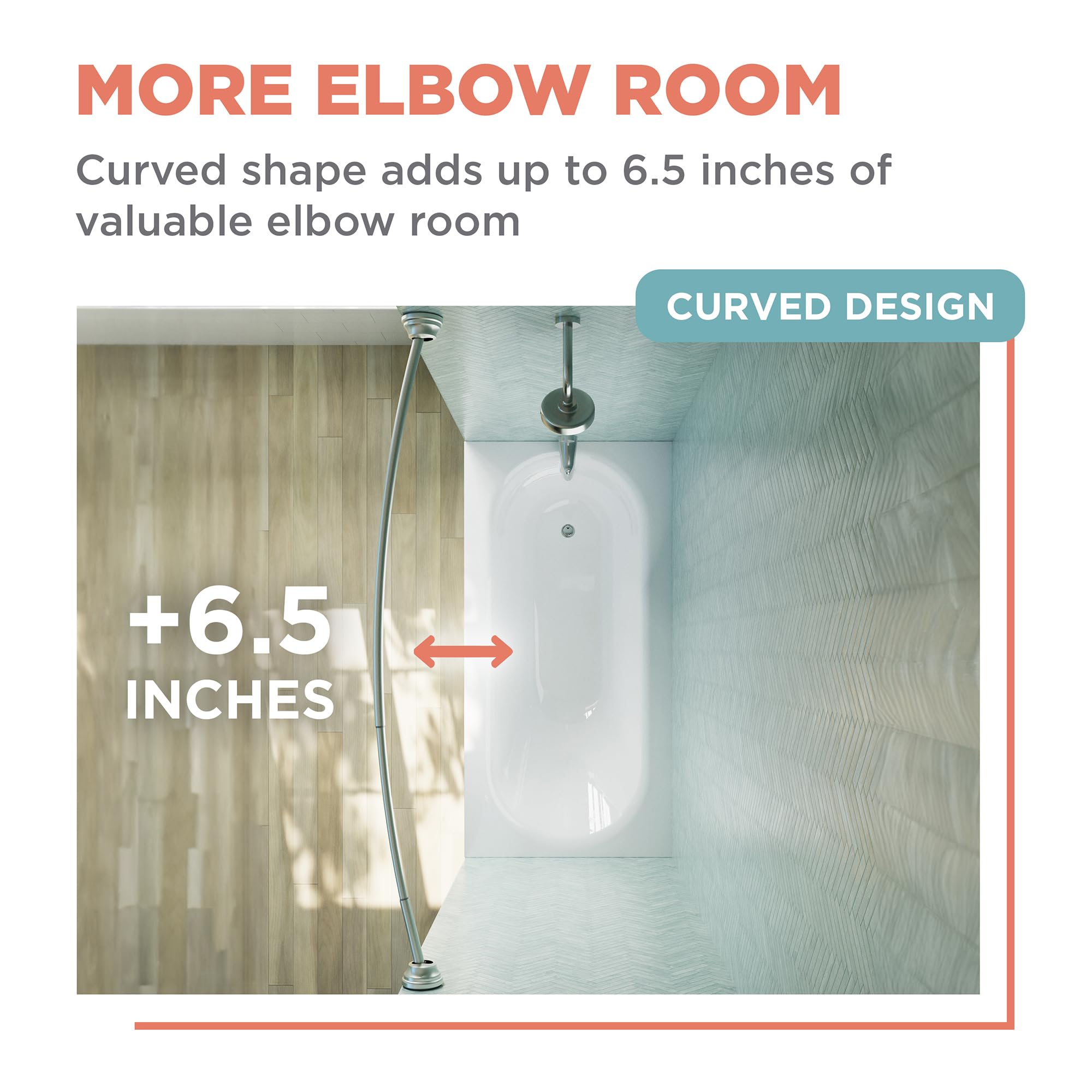 Zenna Home TENSION Rustproof Curved Shower Curtain Rod, NO DRILLING Adjustable Shower Rod, 50" to 72", Expandable, Telescoping, NeverRust, Satin Nickel