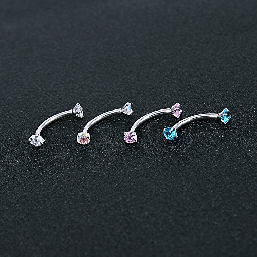 ZS 8PCS 16G Stainless Steel Cubic Zirconia Curved Barbell Eyebrow Ring Daith Earring Rook Piercing (Round, Barbell length:5/16"(8mm))