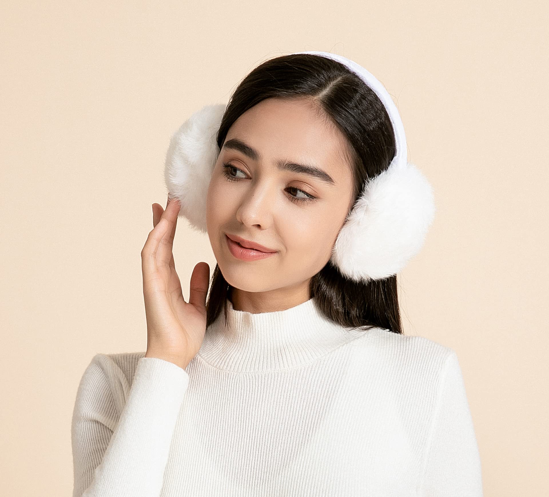 ZLYC Womens Girls Genuine Rabbit Fur EarMuffs Adjustable Ear Warmers, White