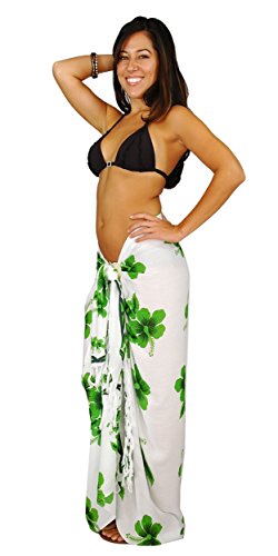1 World Sarongs Womens Hibiscus Flower Swimsuit Cover-Up Sarong in White/Green