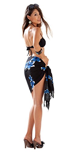 1 World Sarongs Womens Plumeria Print Half/Mini Cover-Up Sarong Royal Blue/Black