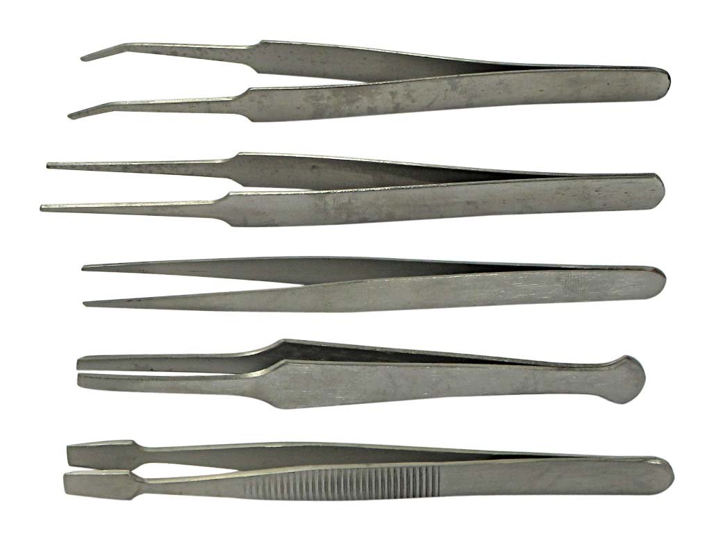SE Stainless Steel Tweezers - Precision Pick-Up Tool - Easy Grip Tweezers- Set of 5 Pcs - TW2-405