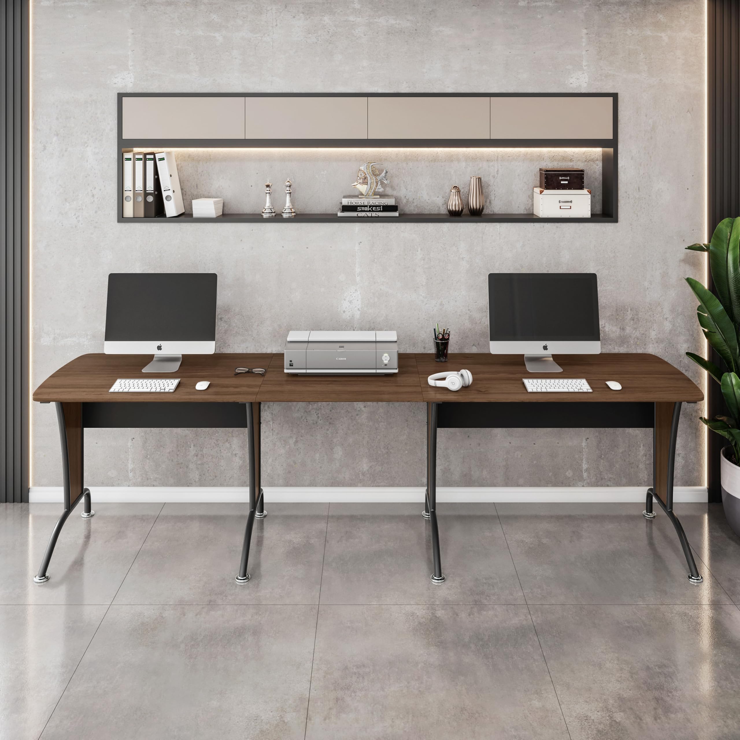 Techni Mobili Deluxe L Shaped, Corner Configurable as Left/Right-Handed L Inline, Durable Steel Frame with Spacious Work Area, Walnut and Grey Office Desk, 67” W x 57” D x 29” H