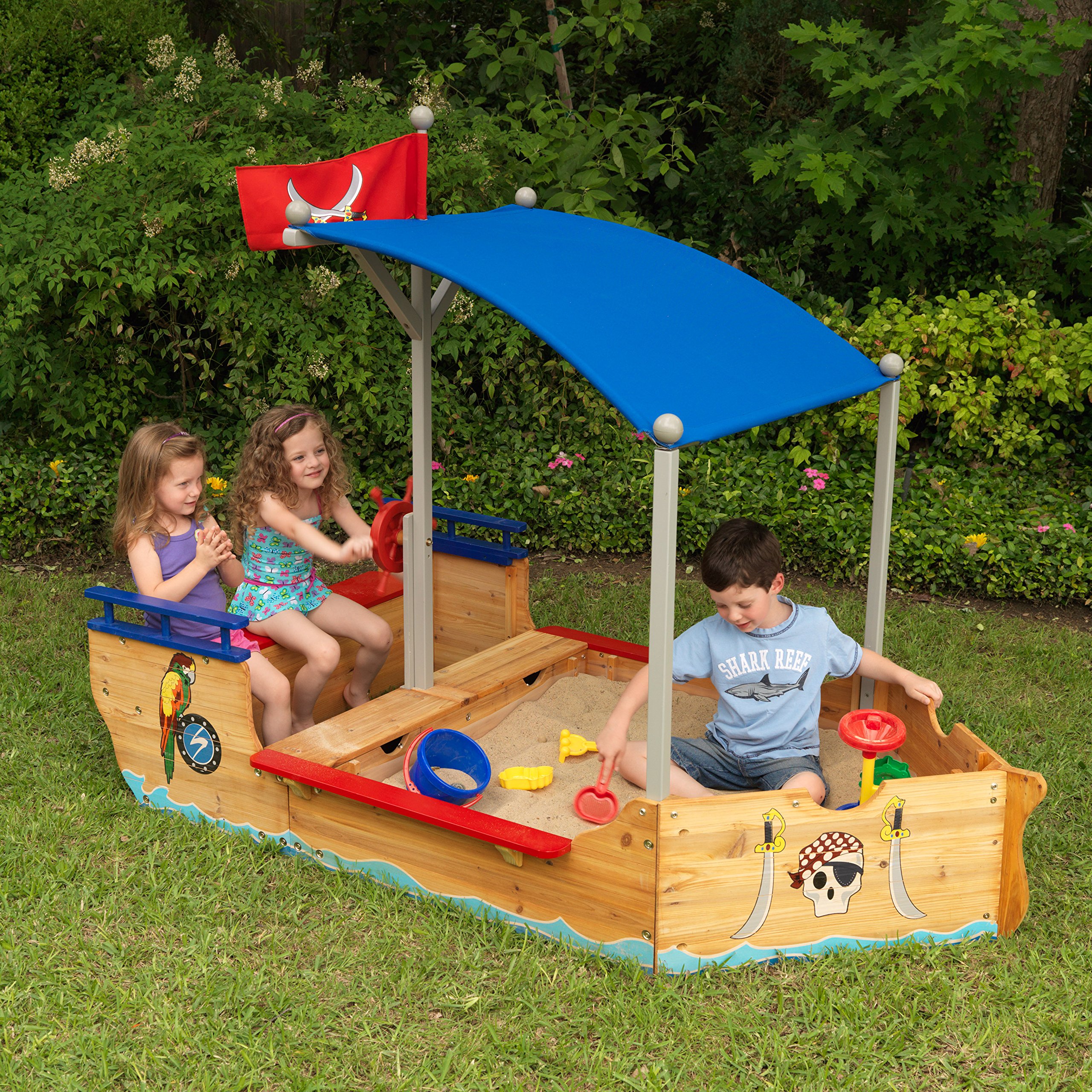 KidKraft Wooden Pirate Sandbox with Canopy, Covered Children's Sandbox, Outdoor Furniture - Blue & Red, Gift for Ages 3-8