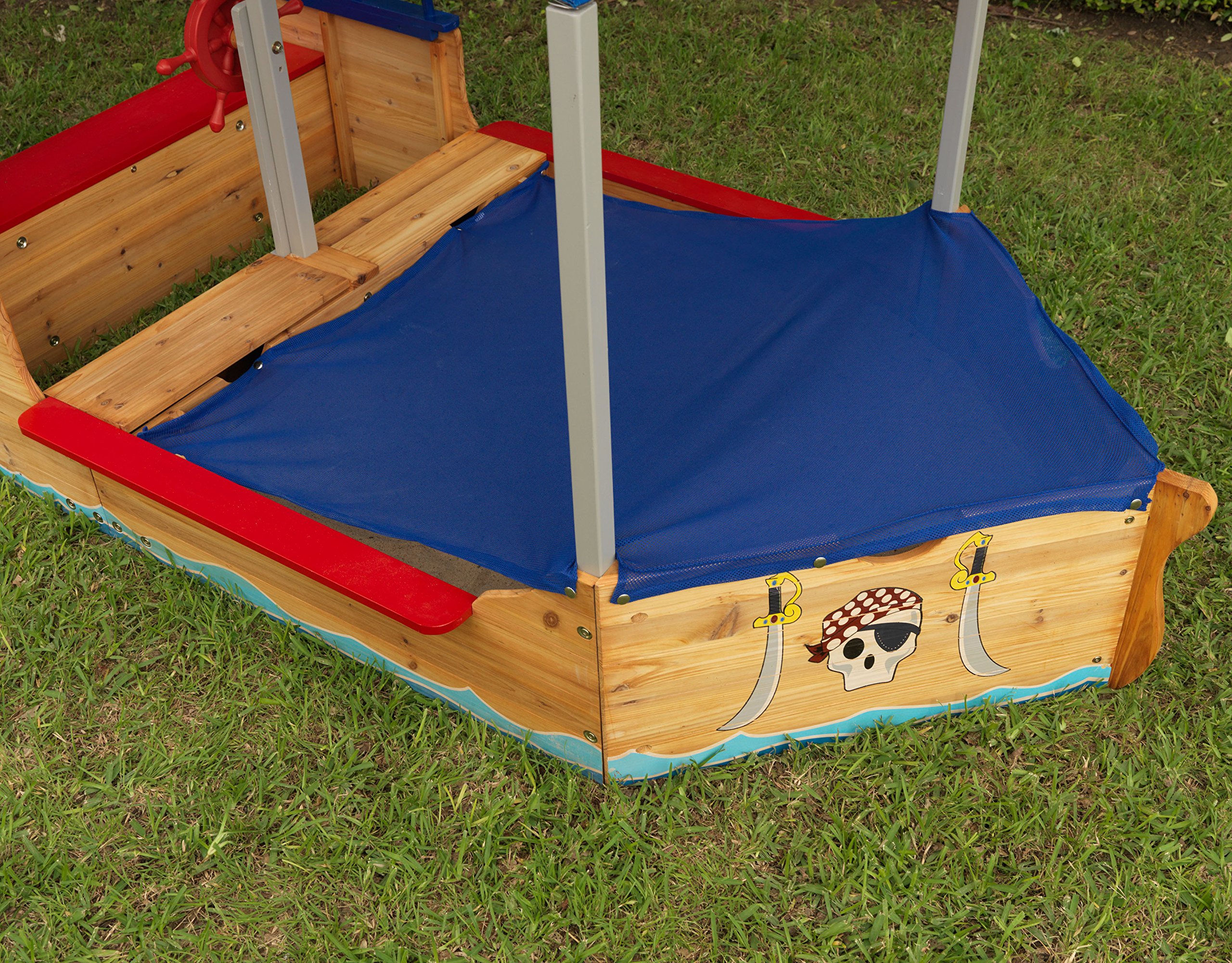 KidKraft Wooden Pirate Sandbox with Canopy, Covered Children's Sandbox, Outdoor Furniture - Blue & Red, Gift for Ages 3-8