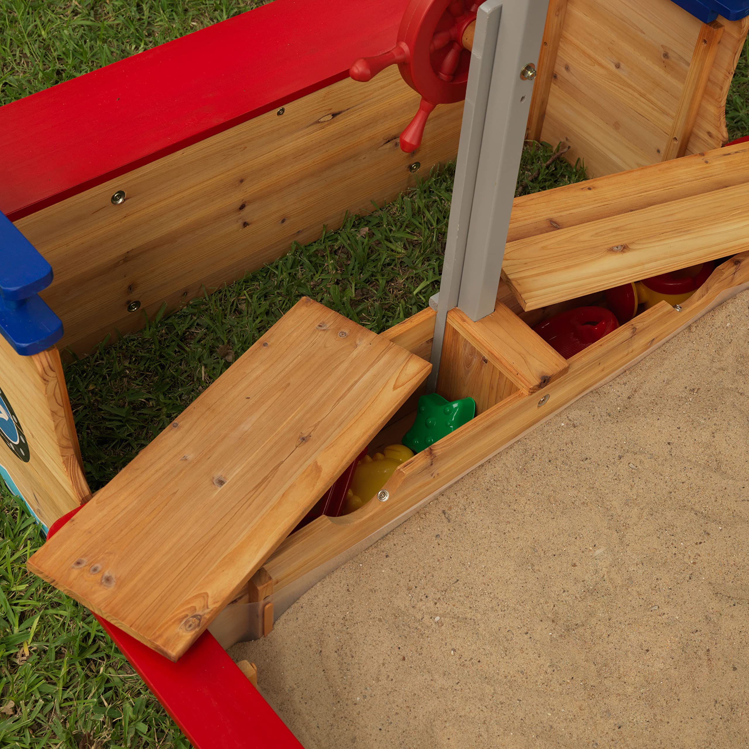 KidKraft Wooden Pirate Sandbox with Canopy, Covered Children's Sandbox, Outdoor Furniture - Blue & Red, Gift for Ages 3-8