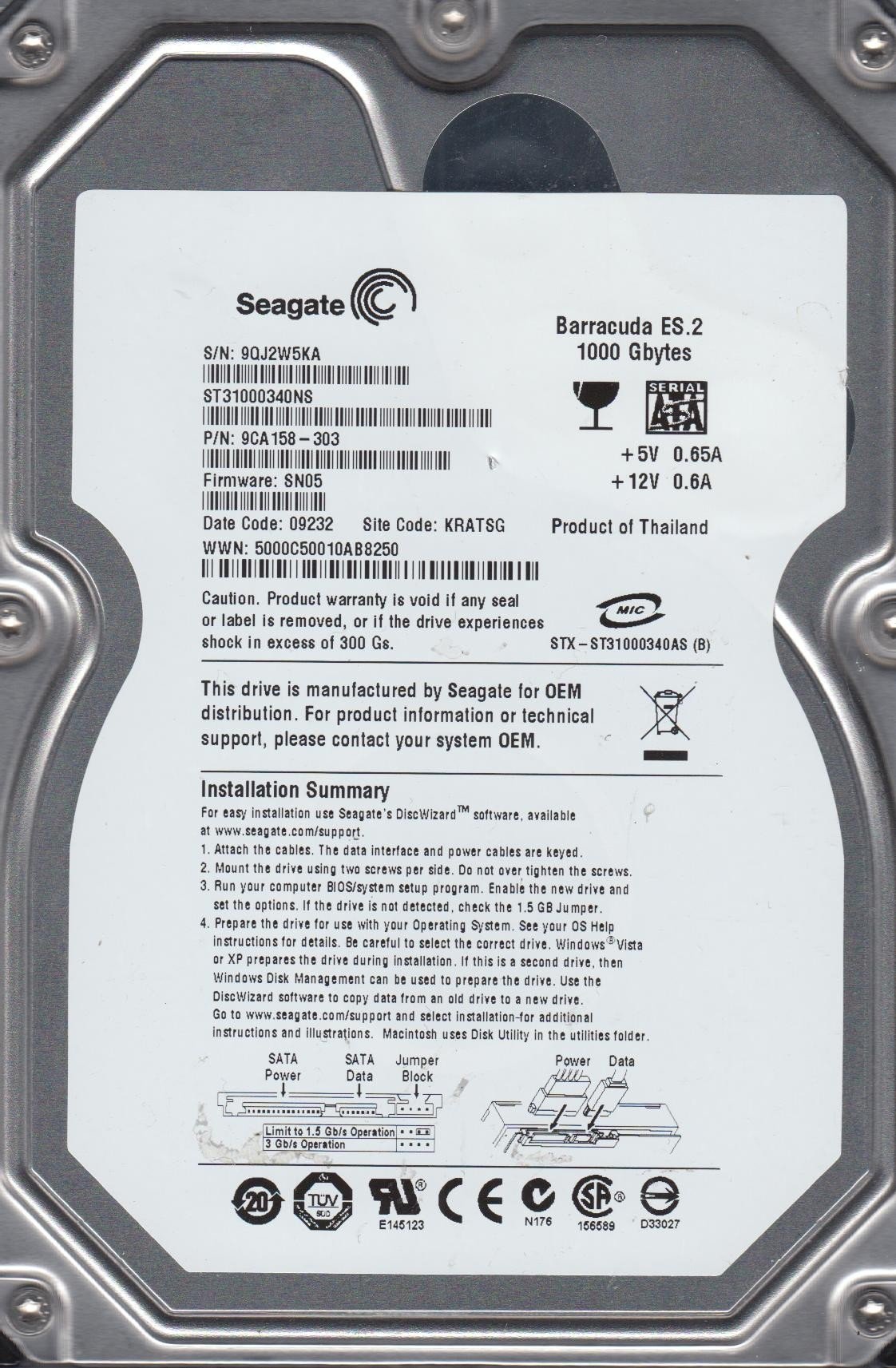 Seagate Barracuda ES 1 TB 7200RPM SATA 3Gb/s 32 MB Cache 3.5 Inch Internal Hard Drive ST31000340NS-Bare Drive