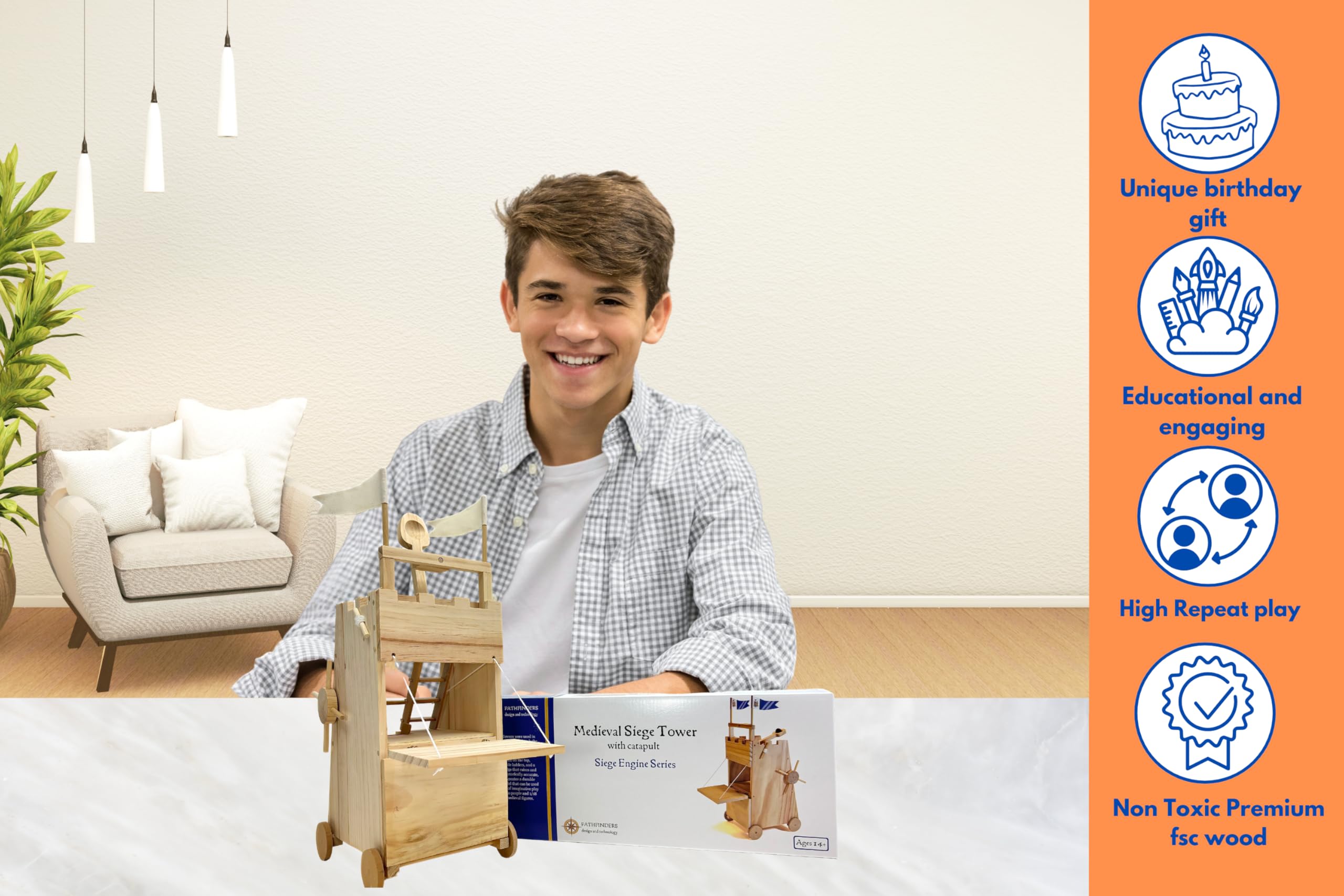 PATHFINDERS STEM Kit – Medieval Siege Tower with Catapult | Wooden Building Kit for Kids Ages 12-14 | Engineering & Physics Toy | Hands-On STEM Project