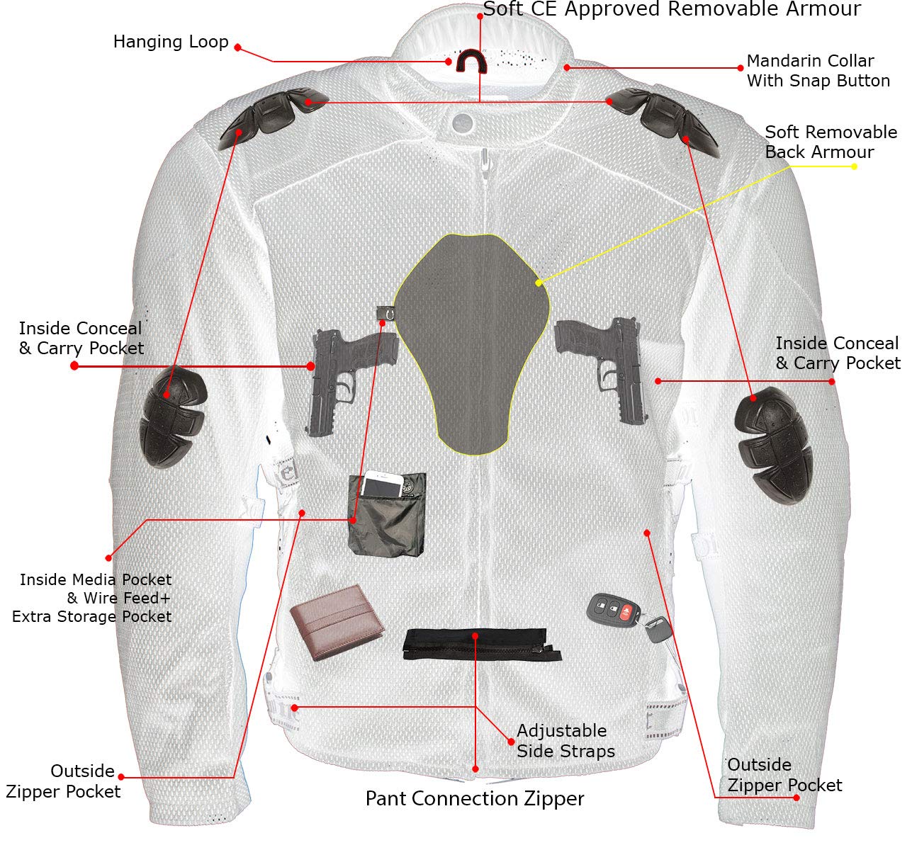 Xelement CF2157 Men's 'Caliber' Black Mesh Motorcycle Jacket with X-Armor Protection - X-Large