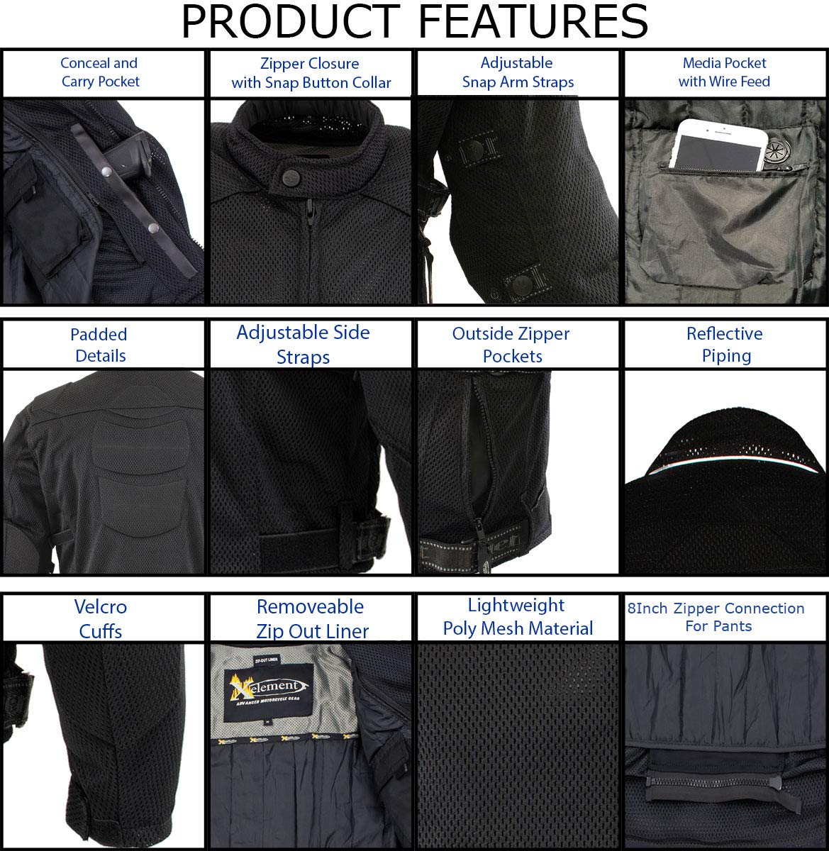 Xelement CF2157 Men's 'Caliber' Black Mesh Motorcycle Jacket with X-Armor Protection - X-Large