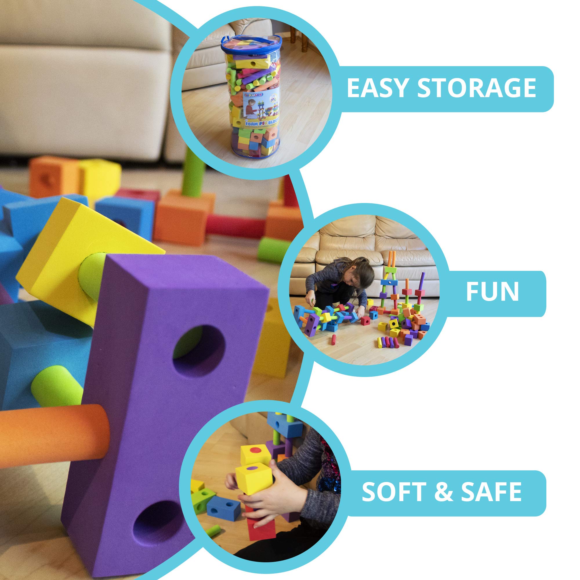 FUN n' SAFE (7684 Foam Peg Blocks for Kids, 150 Brightly Colored Pieces