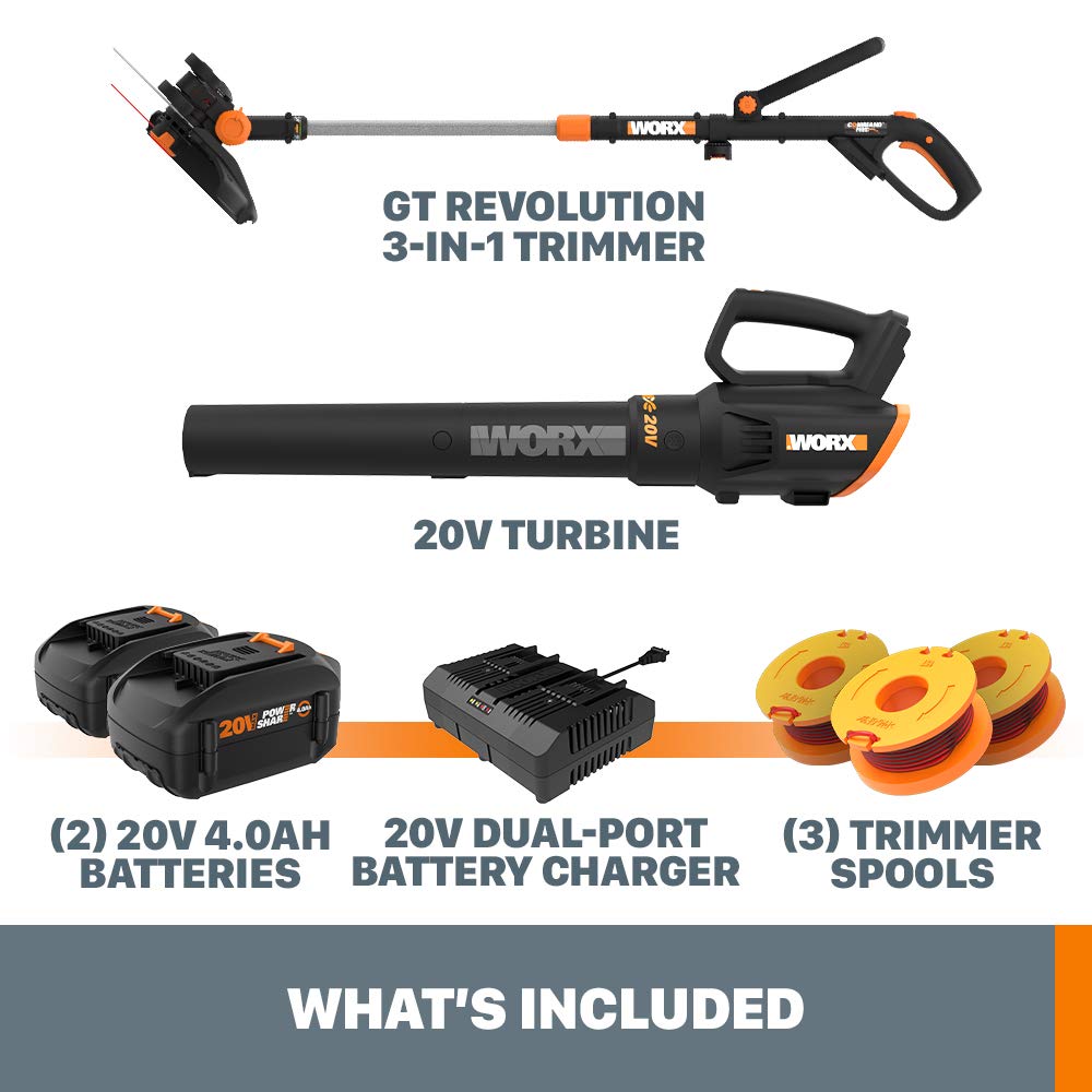WORX 20V Power Share GT Revolution String Trimmer/Edger/Mini-Mower & Turbine Blower Combo Kit W/Quick Charger