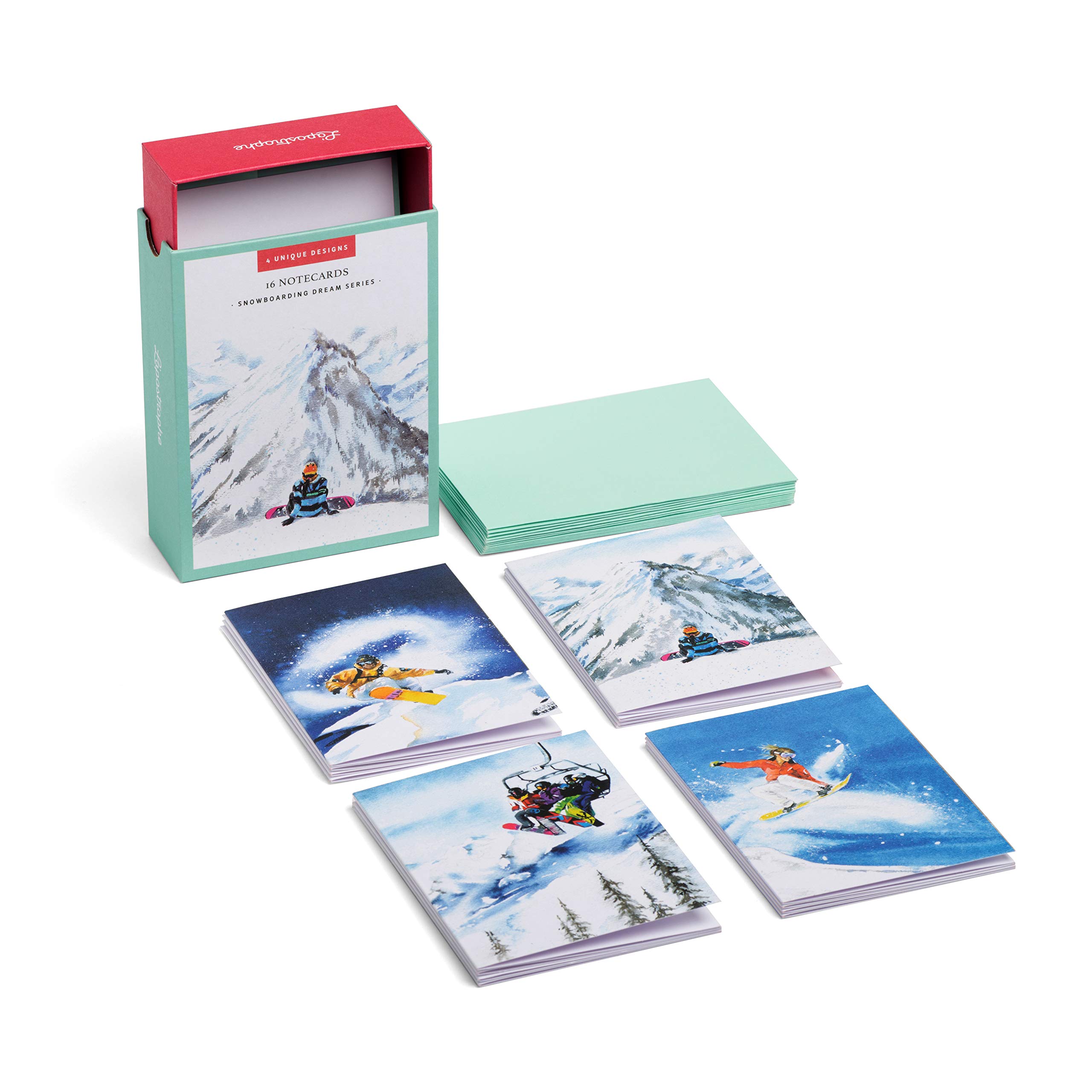 L'apostrophe 16 Note Cards Blank Inside with Envelopes - Stationary Greeting Notecards - Watercolor Boxed Set with Assorted Sport Cards for All Occasions - Thank You Cards - Gift for Snowboarders