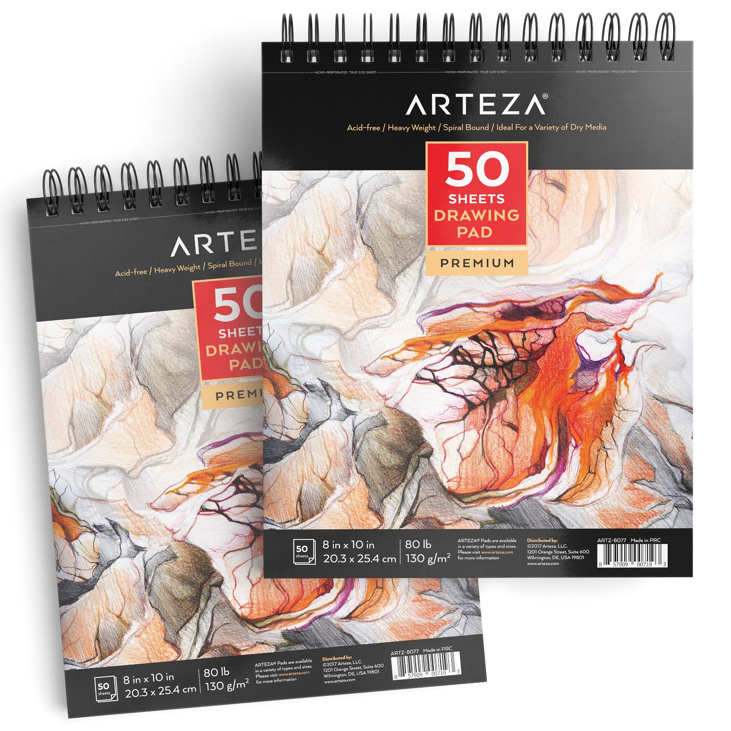 ARTEZA Drawing Paper Pad, 8 x 10 Inches, Pack of 2, 50 Sheets Each, Spiral Bound Artist Drawing Books, Durable Acid Free White Sketch Paper