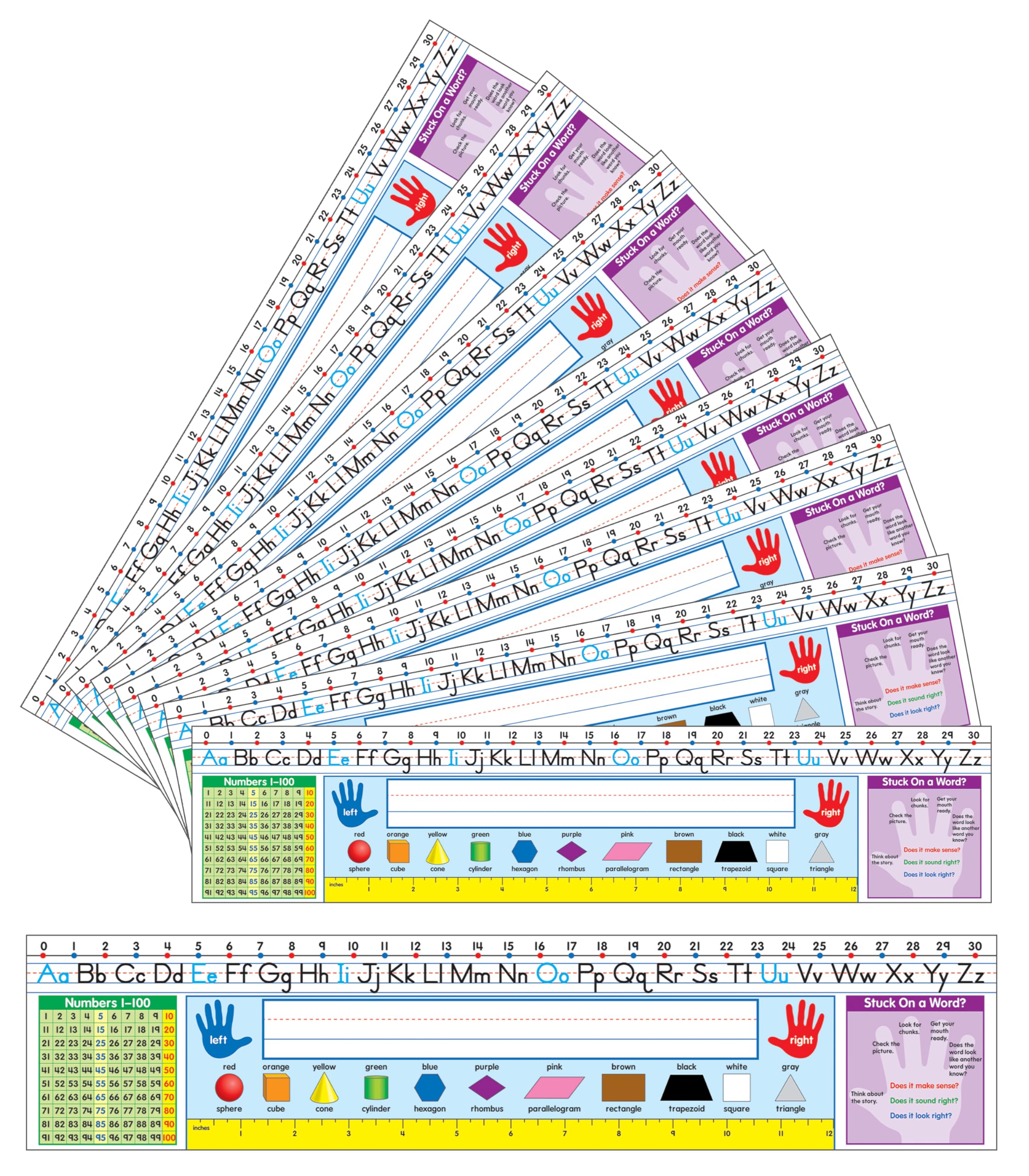 Carson Dellosa 30-Piece 17 1/2” x 4” Quick Stick Traditional Manuscript Name Tags for Classroom, Adhesive Name Plates for Student Desks, Classroom Name Tags With Ruler, Shapes, Numbers, and Alphabet
