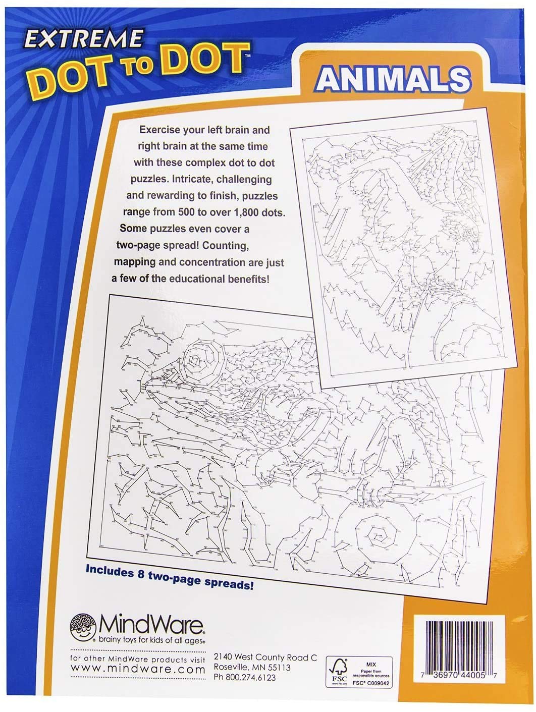 MindWare Extreme Dot to Dot Animals Book Puzzles Range from 300 to over 1,400 Dots Features 8 2-Page Spreads