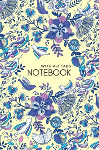 Notebook with A-Z Tabs: 4x6 Lined-Journal Organizer Mini with Alphabetical Section Printed | Fantasy Flower Bird Design Yellow
