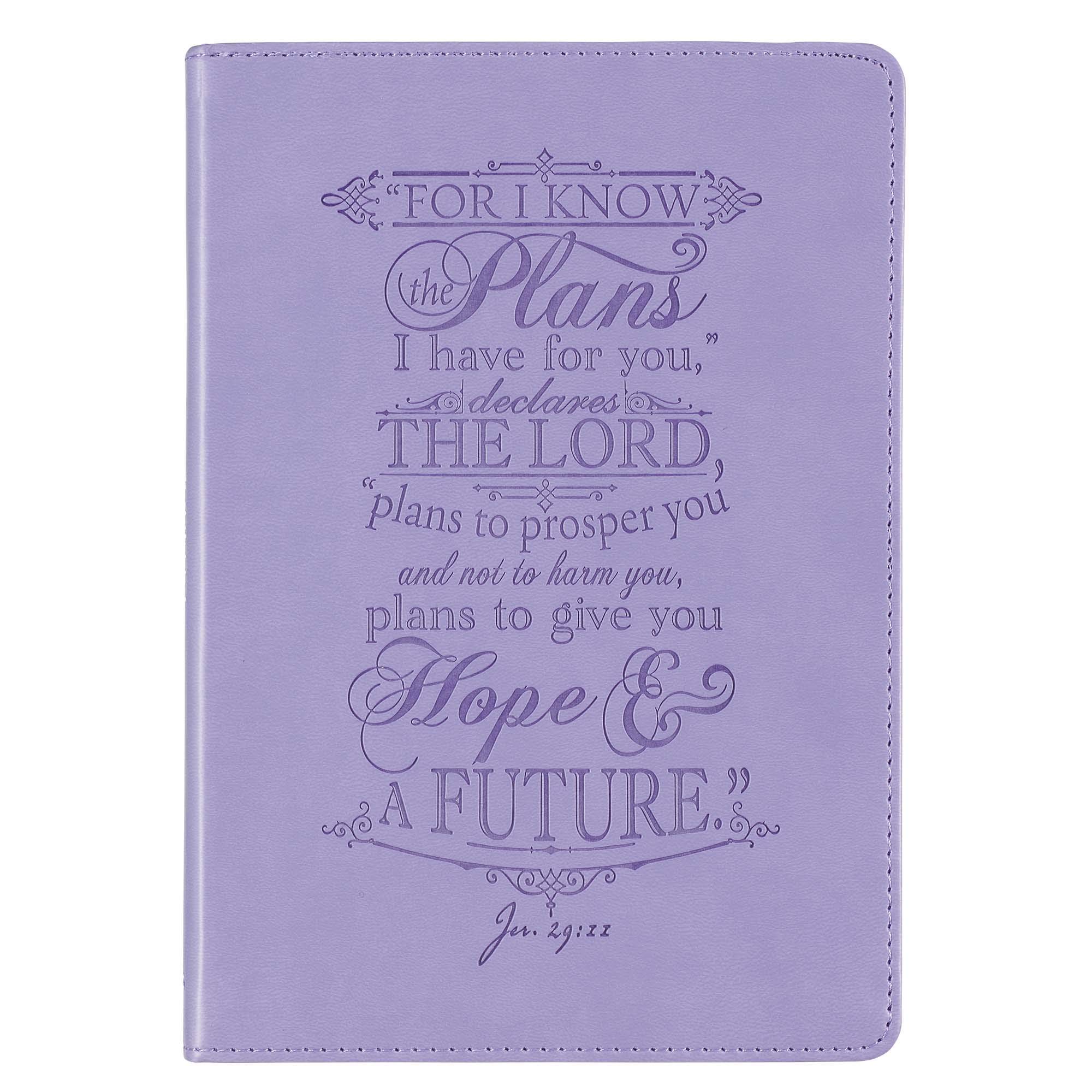 Christian Art Gifts Purple Faux Leather Journal | I Know the Plans Jeremiah 29:11 Bible Verse | Flexcover Inspirational Notebook w/Ribbon Marker and Lined Pages, 6 x 8.5 Inches