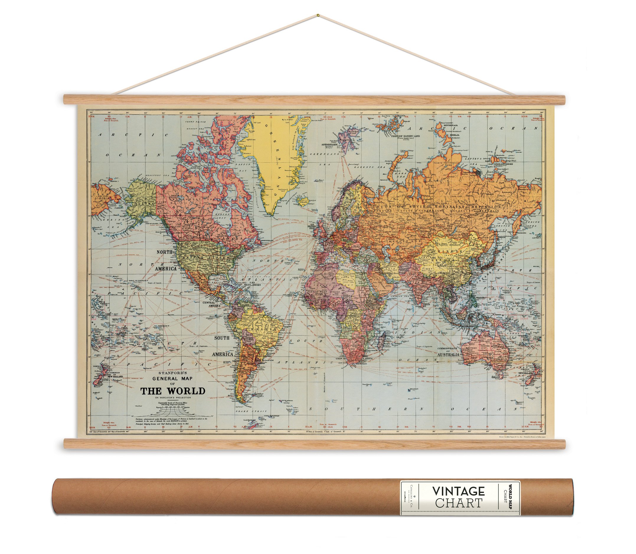 Cavallini Papers Stanford's World Map Vintage Style Decorative Poster & Hanger Kit, 28" x 20"