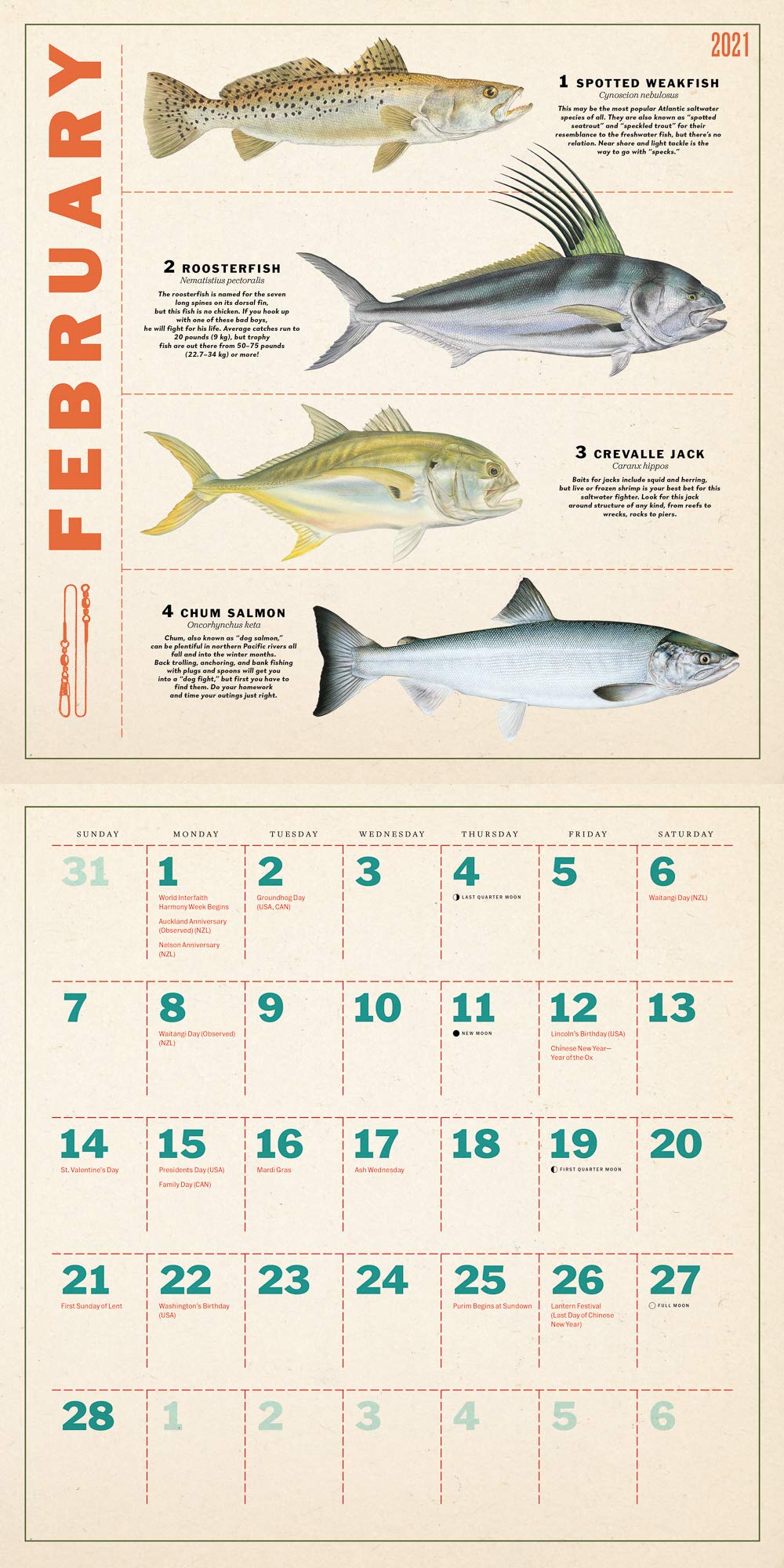 Twelve Months of Fishing Wall Calendar 2021, Monthly January-December 12'' x 12"