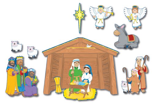 Carson Dellosa Christmas Nativity Bulletin Board Set: Stable, Mary, Joseph, and Baby Jesus, Wise Men, Animals, Star of David, Angels, Shepherd Cutouts With Resource Guide (11 pc)