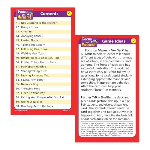 Super Duper Publications | Focus on Manners Fun Deck | Behavior and Social Skills Flash Cards | Educational Learning Materials for Children