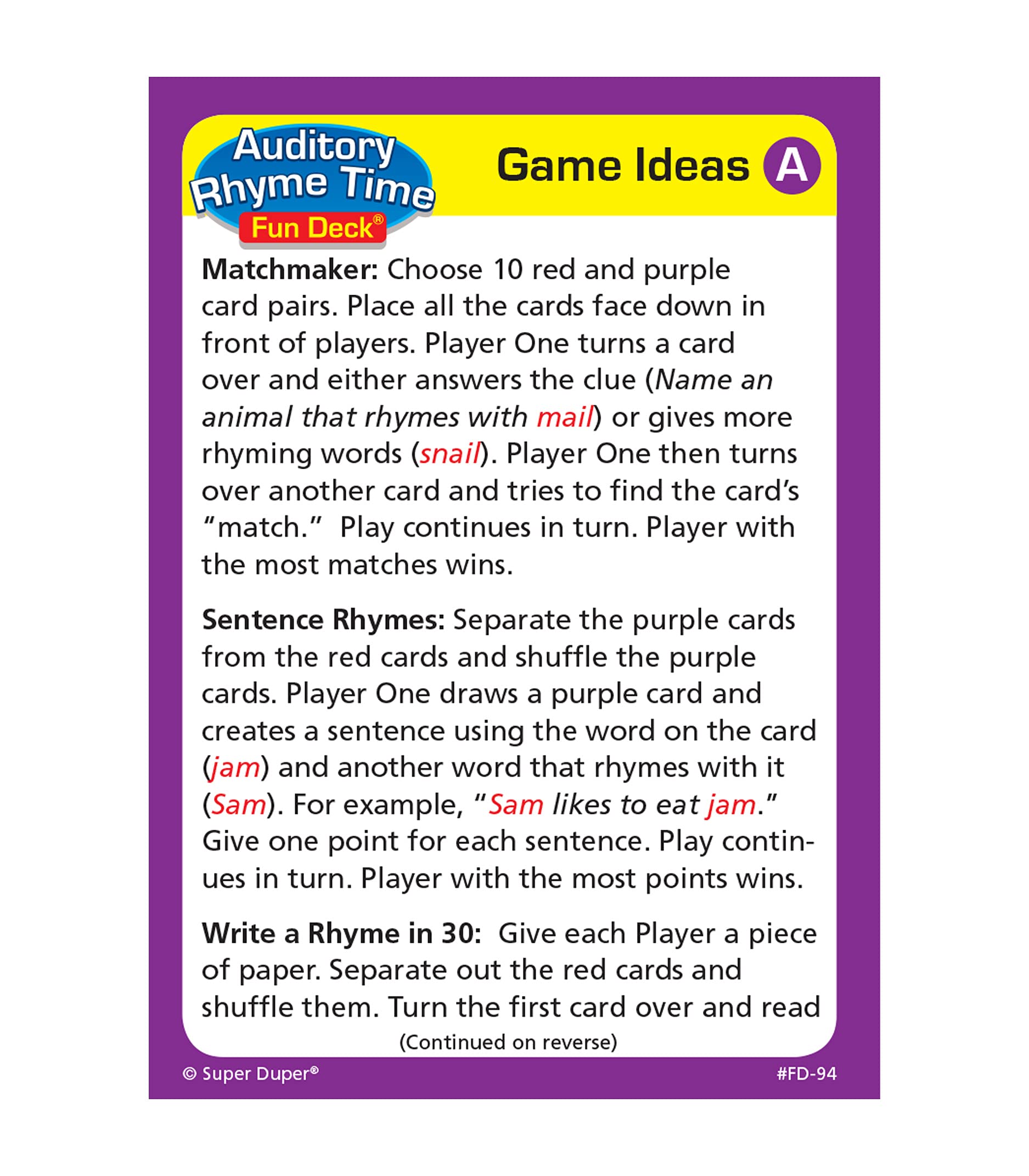 Super Duper Publications | Auditory Rhyme Time Fun Deck Flash Cards | Educational Learning Resource for Children