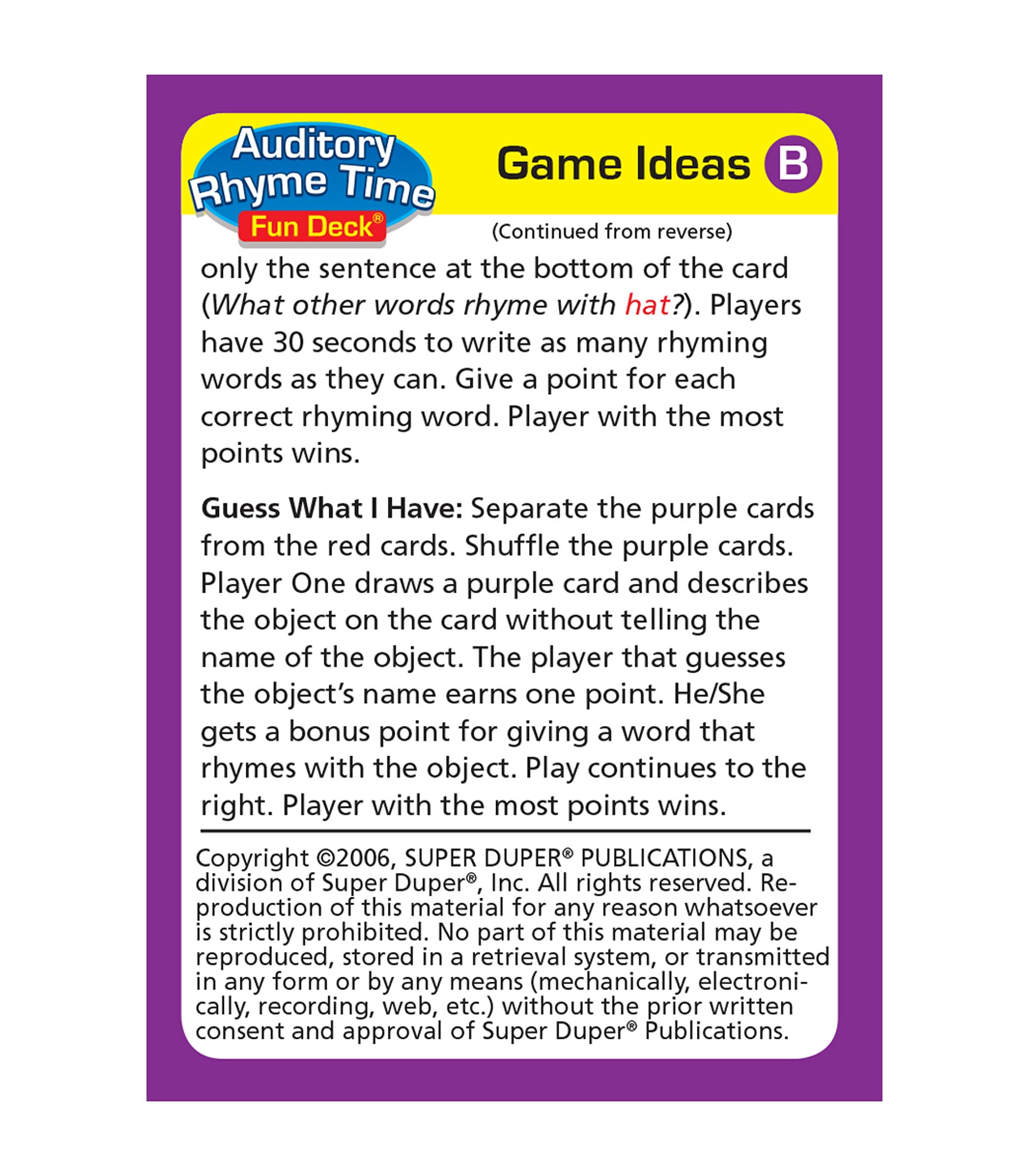 Super Duper Publications | Auditory Rhyme Time Fun Deck Flash Cards | Educational Learning Resource for Children