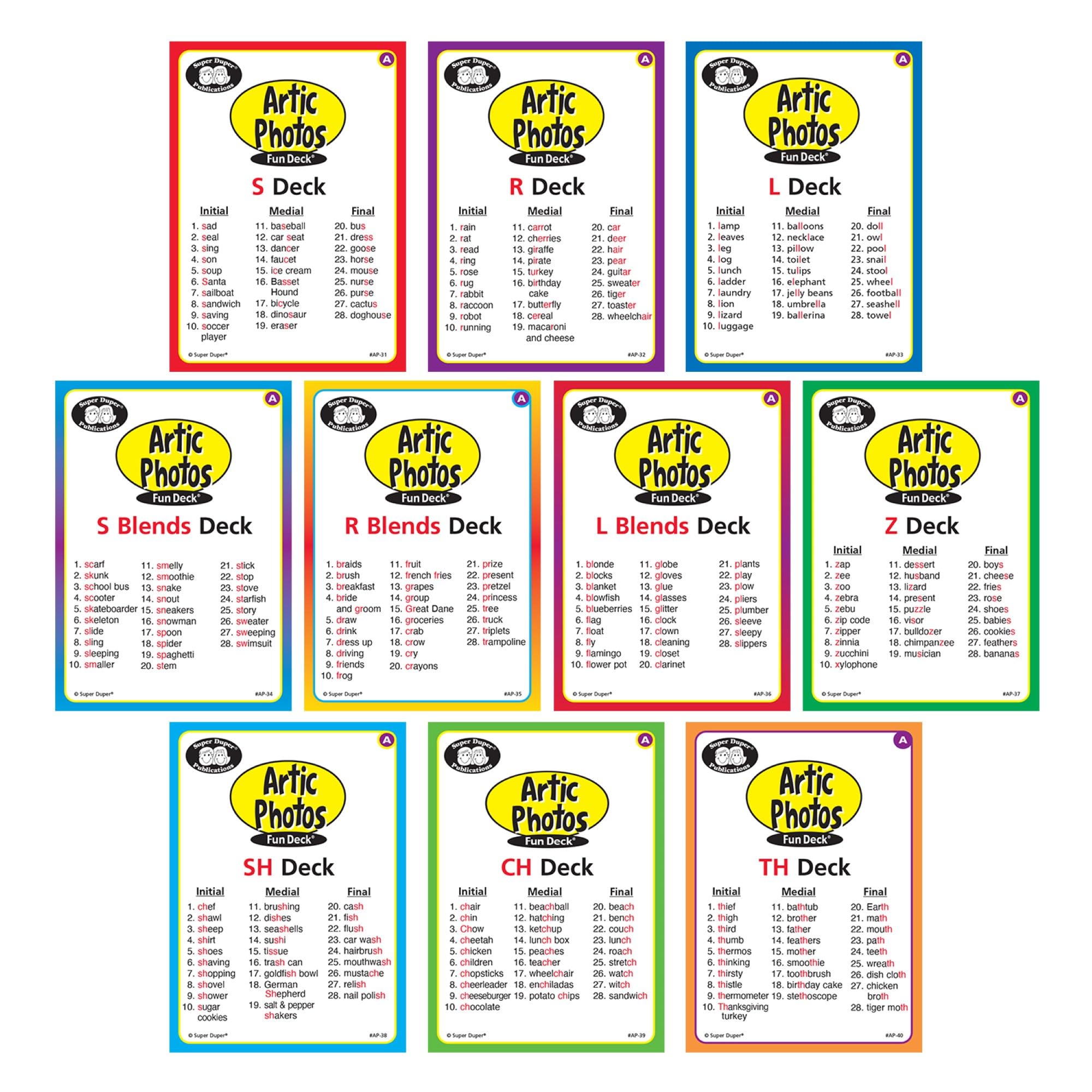 Super Duper Publications | Set of 10 Articulation Photo Flash Cards Fun Decks (Combo Set One) - New Revised Color Photos | Speech Therapy | Educational Learning Resource for Children