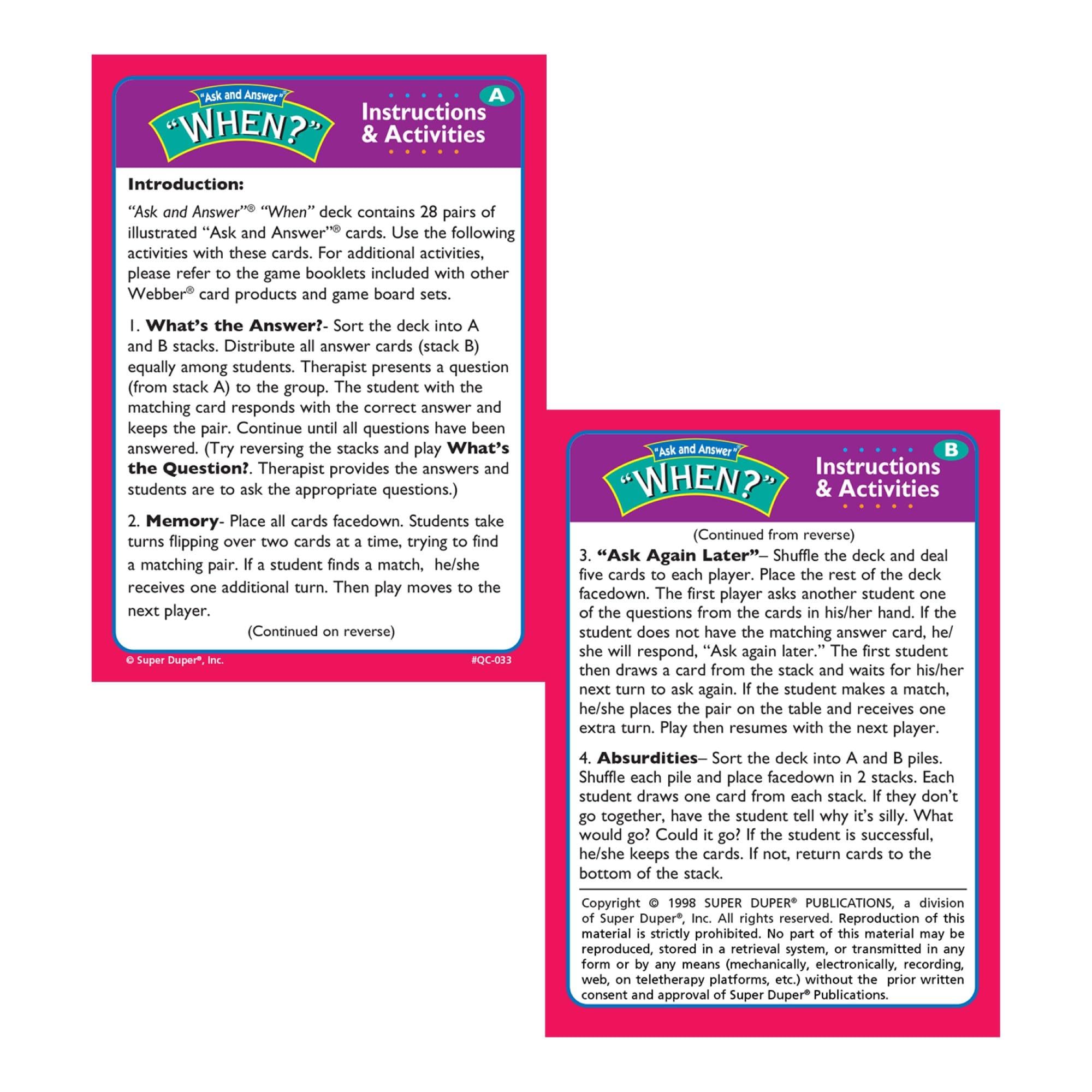 Super Duper Publications | Ask and Answer When Questions Fun Deck | Communication and Language Processing Skills Flash Cards | Educational Learning Materials for Children