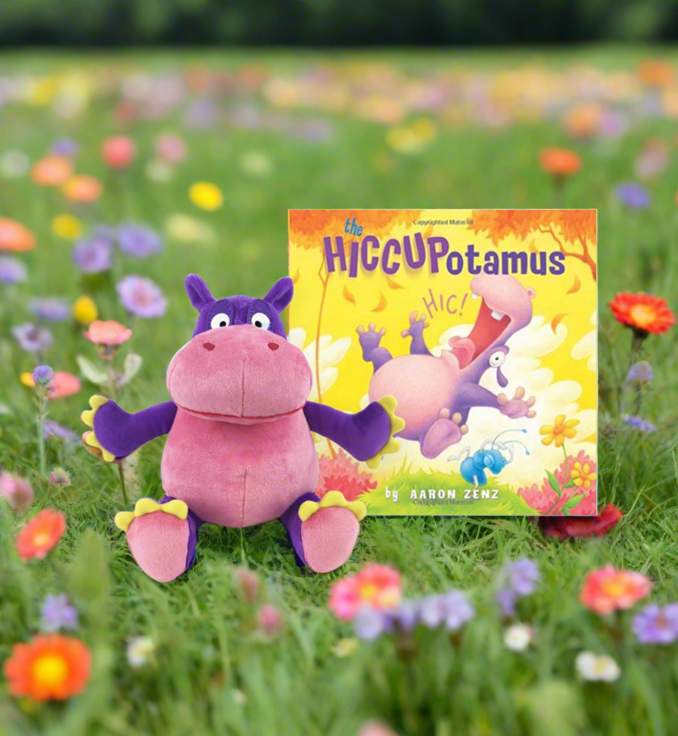 MerryMakers The Hiccupotamus Soft Plush Hippopotamus Stuffed Animal Toy, 9-Inch, from Aaron Zenz's The Hiccupotamus Book, Purple