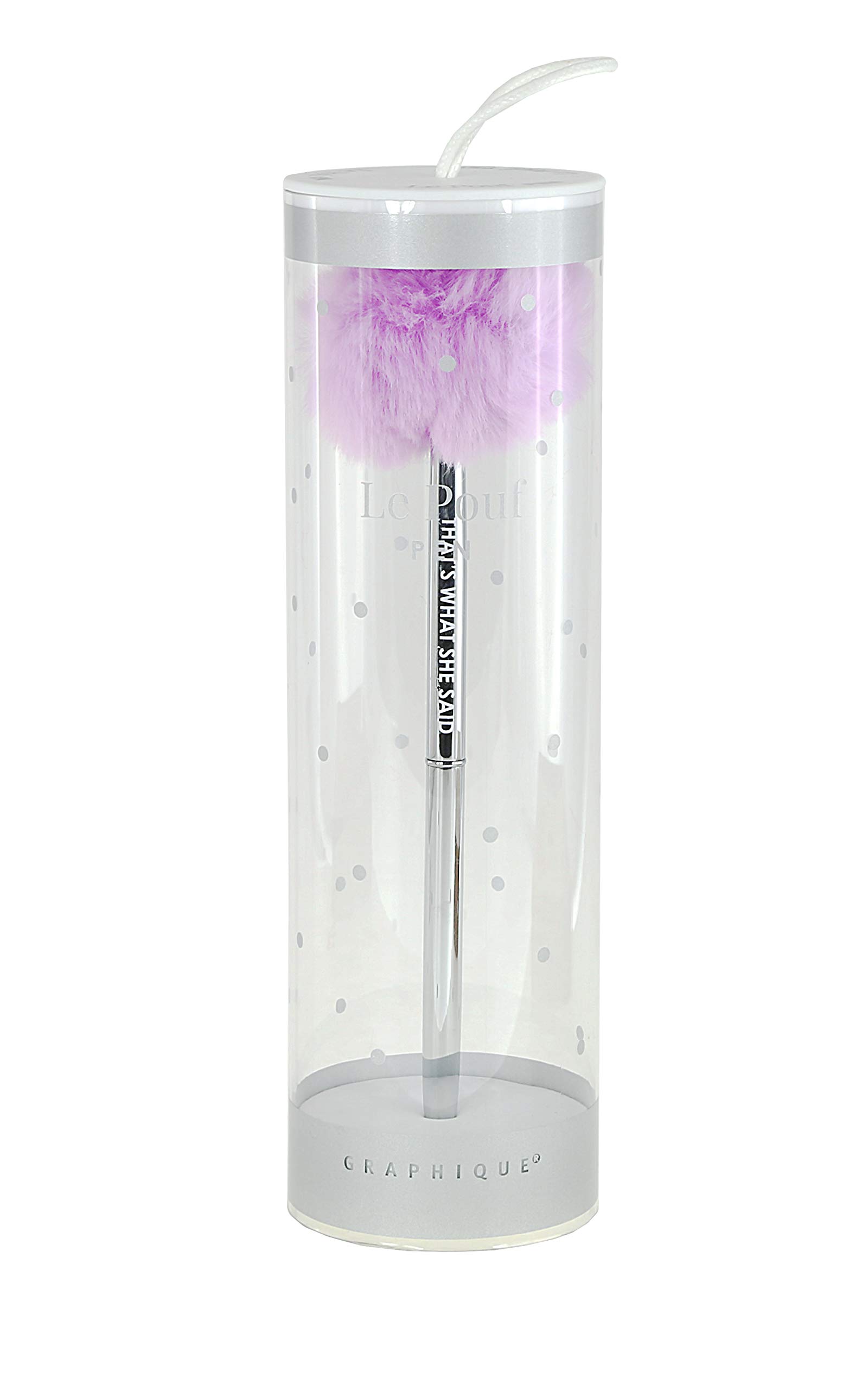 Graphique De Luxe Lavender and Silver Le Pouf Pen - 7" Black Ink - Silver Metal Barrel Twist Pen with Purple, Fluffy Pom-Pom, That's What She Said Message - Makes a Beautiful, Unique Gift