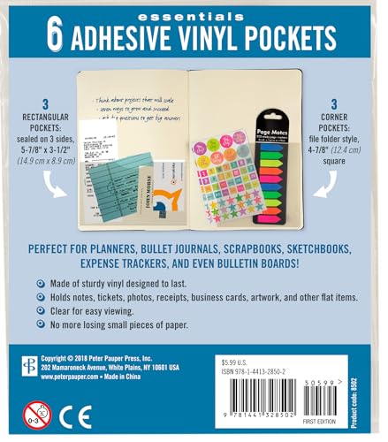 Adhesive Vinyl Pockets for Bullet Journals (set of 6 stick-on pockets)
