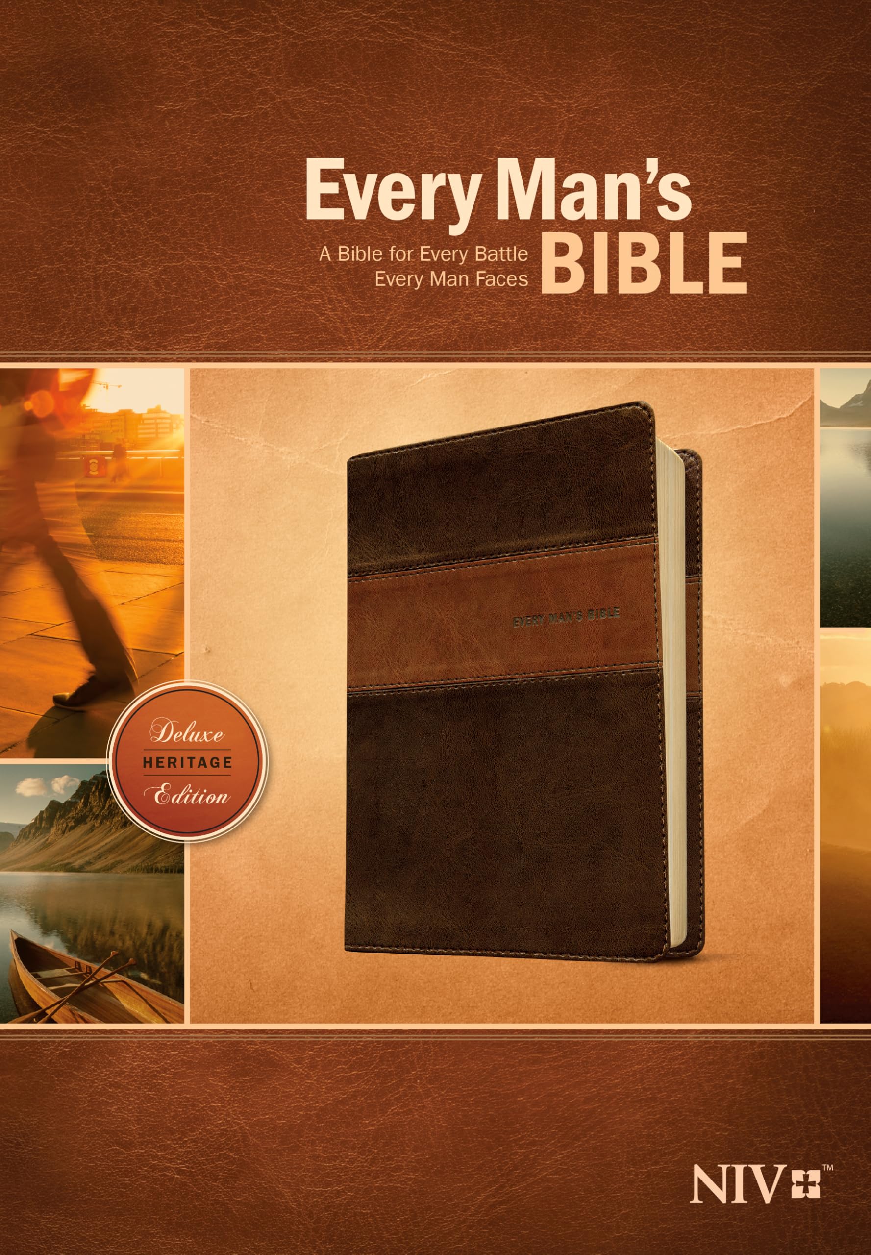 Every Man's Bible NIV, Deluxe Heritage Edition, TuTone (LeatherLike, Brown/Tan) – Study Bible for Men with Study Notes, Book Introductions, and 44 Charts