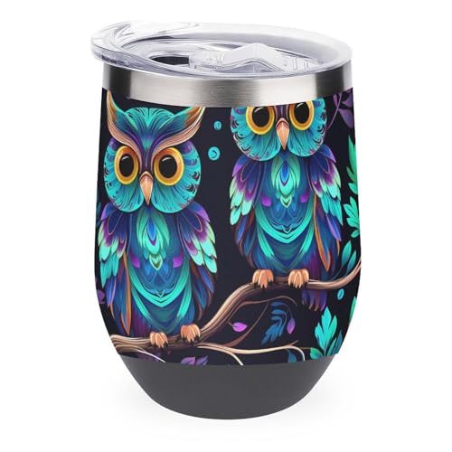 304 Stainless Steel Purple And Green Owl Printed Eggshell Thermos Cup with Switchable Drinking Spout