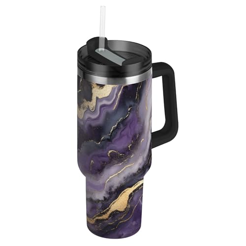 SEHANY Purple Marble 40 Oz Tumbler with Lid and Straw, Double Vacuum Stainless Steel Insulated Sports Water Bottle Cup Holder Friendly Leak-Proof Travel Coffee Cup for Iced Drink