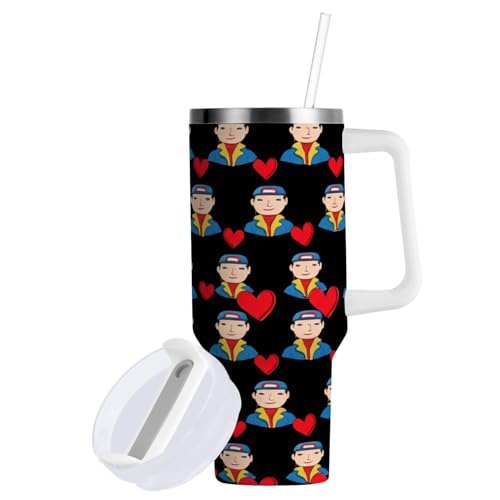 RPLIFE Cute Boy Hearts Black 40 Oz Tumbler with Handle, Stainless Steel Coffee Cup, Insulated Coffee Tumbler