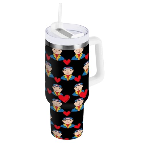 RPLIFE Cute Boy Hearts Black 40 Oz Tumbler with Handle, Stainless Steel Coffee Cup, Insulated Coffee Tumbler