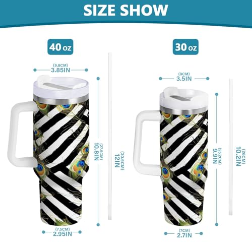 RPLIFE Vibrant Peacock Feathers Black White Striped Coffee Tumbler, Stainless Water Bottle, Cup with Lid