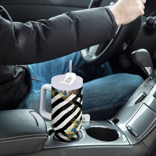 RPLIFE Vibrant Peacock Feathers Black White Striped Coffee Tumbler, Stainless Water Bottle, Cup with Lid