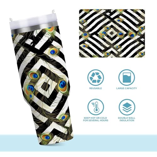 RPLIFE Vibrant Peacock Feathers Black White Striped Coffee Tumbler, Stainless Water Bottle, Cup with Lid