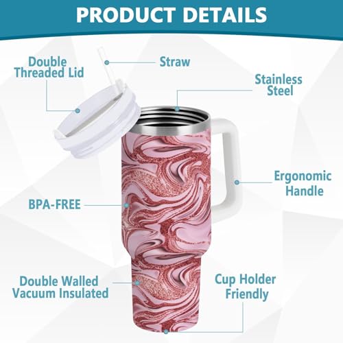 RPLIFE Elegant Abstract Marble Rose Pink Tumbler with Handle, Stainless Water Bottle, Coffee Mug with Lid