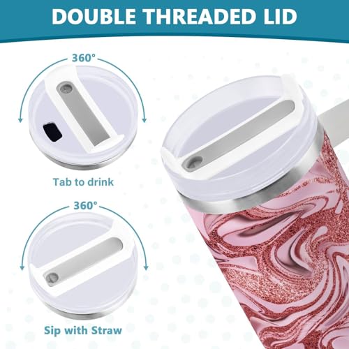 RPLIFE Elegant Abstract Marble Rose Pink Tumbler with Handle, Stainless Water Bottle, Coffee Mug with Lid