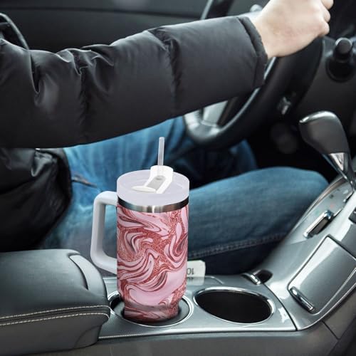 RPLIFE Elegant Abstract Marble Rose Pink Tumbler with Handle, Stainless Water Bottle, Coffee Mug with Lid